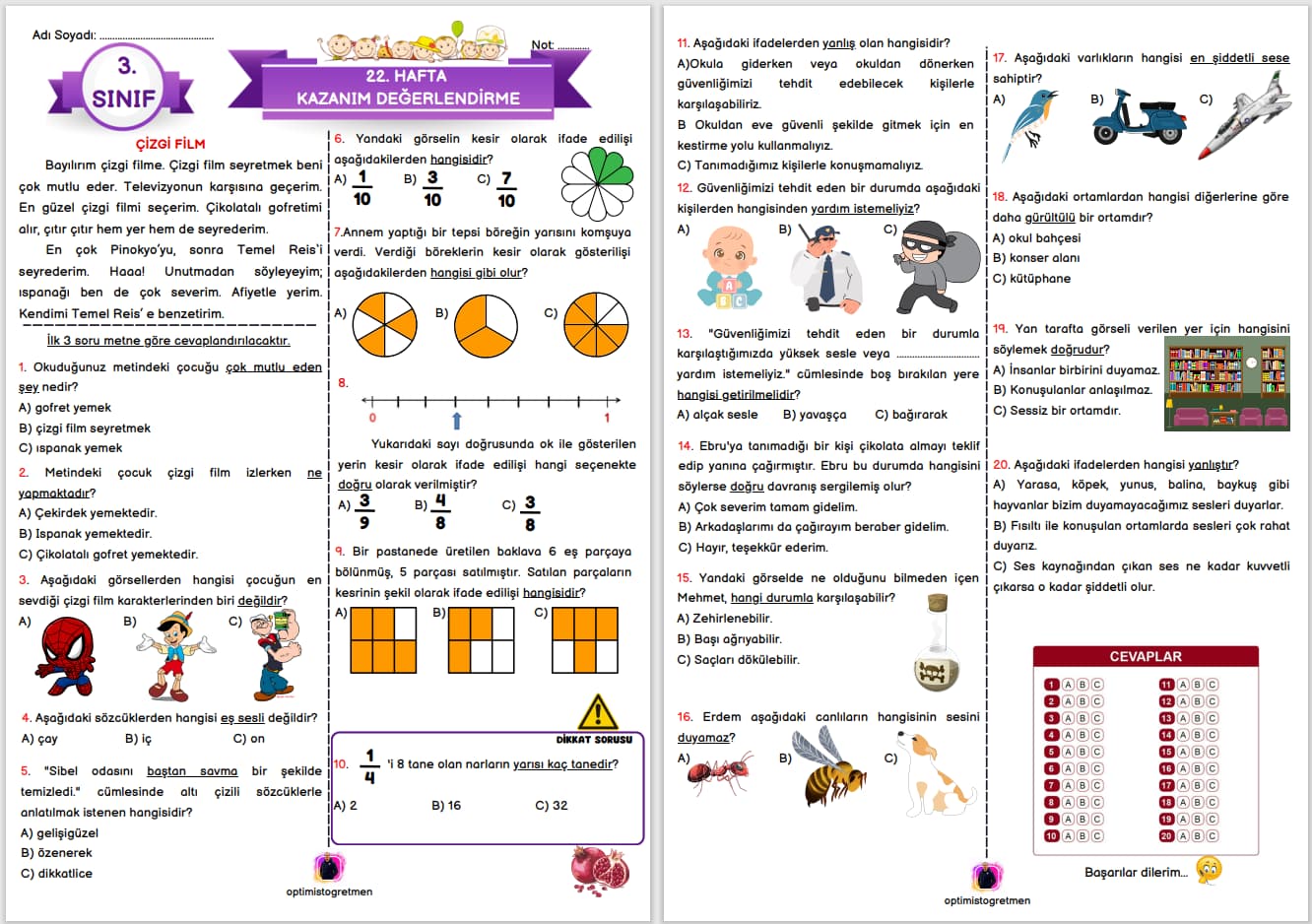 3. Sınıf 22. Hafta Kazanım Değerlendirme Testi - etkinlikhane